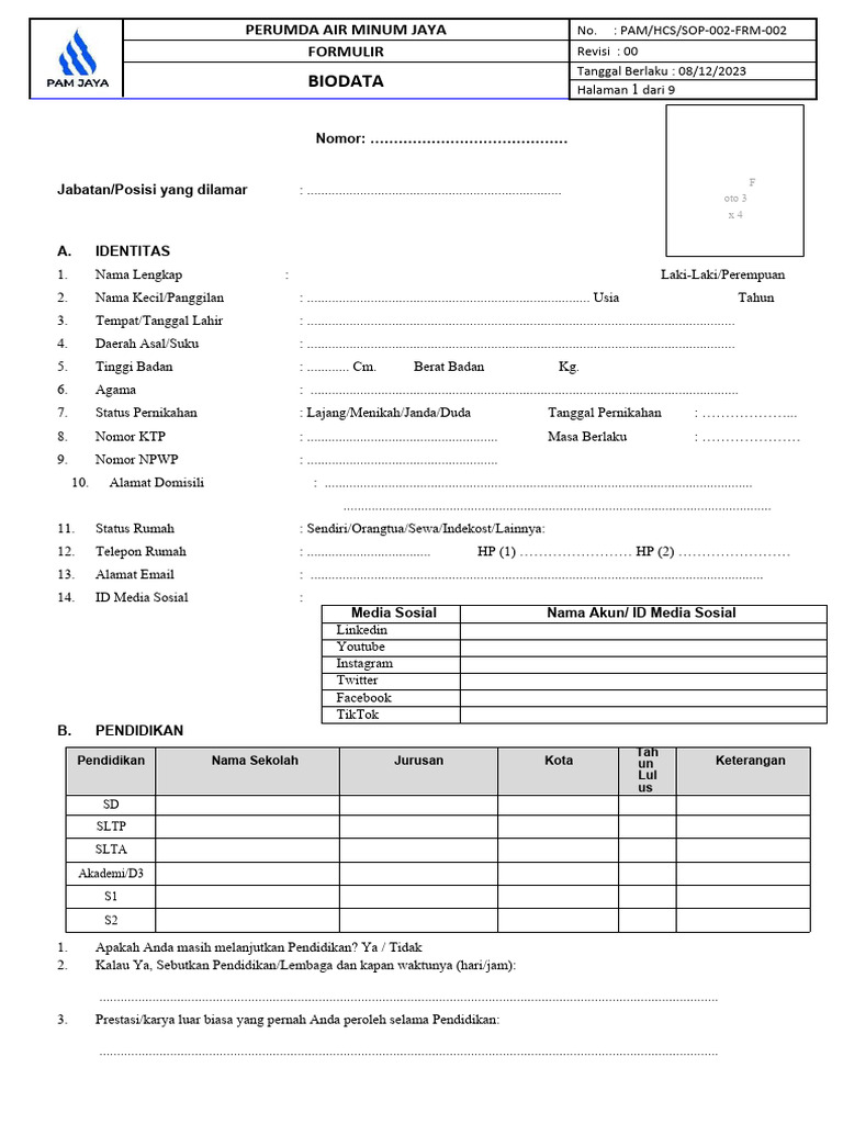 Formulir Biodata Lamaran PAM Jaya | PDF