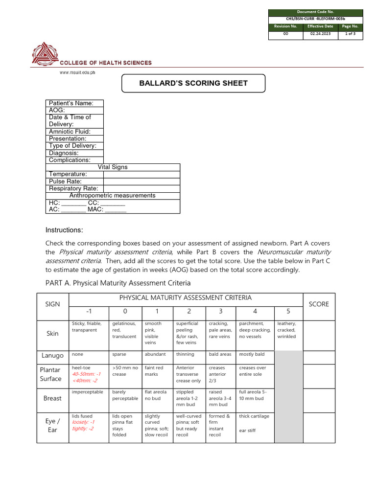 003b Ballard’s Scoring Sheet | PDF | Medical Specialties | Clinical ...