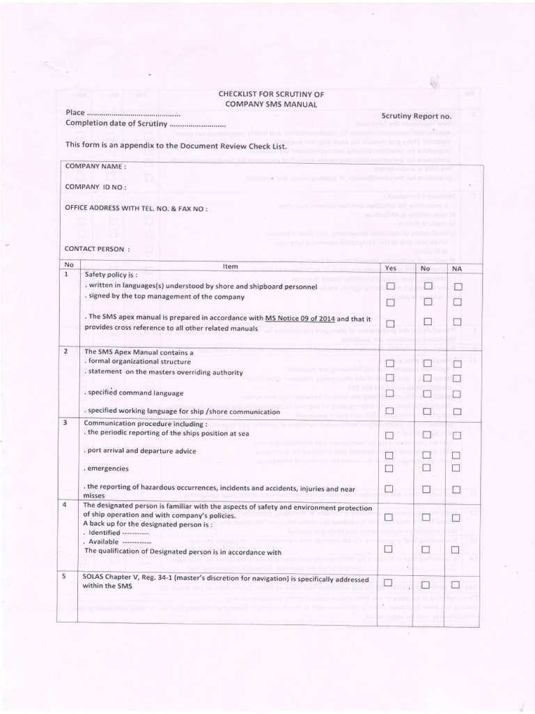 Ism Checklist Scrutiny Company Sms Manual | PDF | Safety | Shipping
