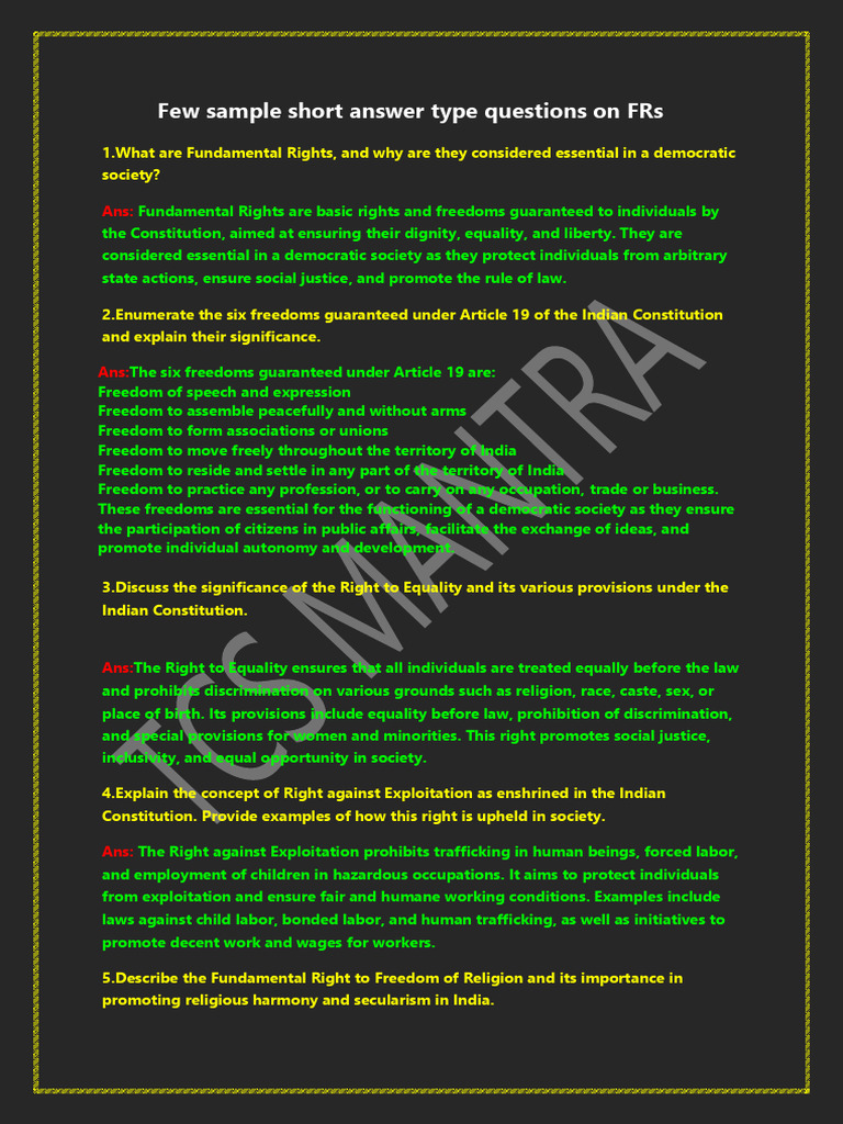 Few Sample Short Answer Type Questions On FRs | PDF | Justice | Crime ...