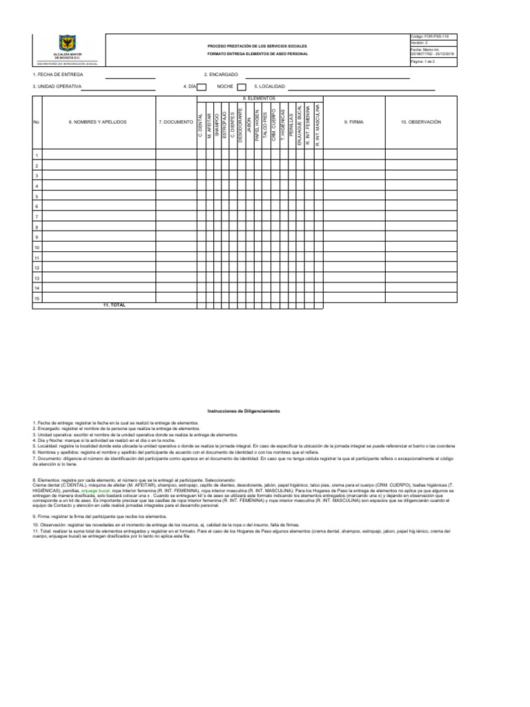 For Pss 119 v2 Formato de Entrega Elementos de Aseo Personal | PDF