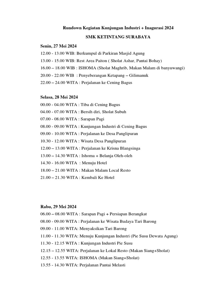 Rundown Kegiatan Kunjungan Industri & Inagurasi 2024 | PDF Rundown Kegiatan Kunjungan Industri & Inagurasi 2024 | PDF