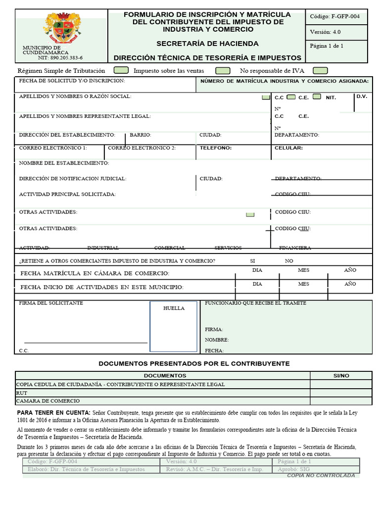 F-GFP-004 Formulario de Inscripción y Matrícula Industria y Comercio | PDF | Impuestos ...