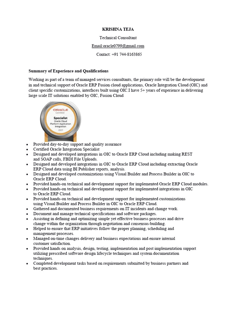 Krishna Teja Resume OIC | PDF | Enterprise Resource Planning | Oracle ...