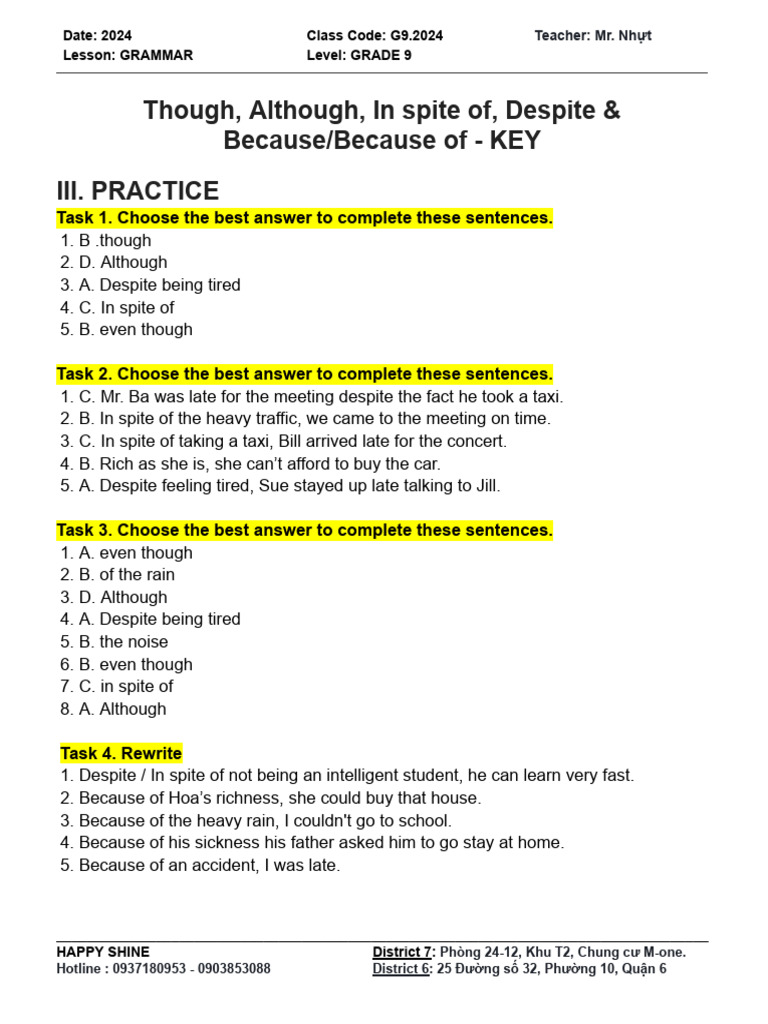 KEY - Though, Although, in Spite Of, Despite + Bacause - Because of | PDF