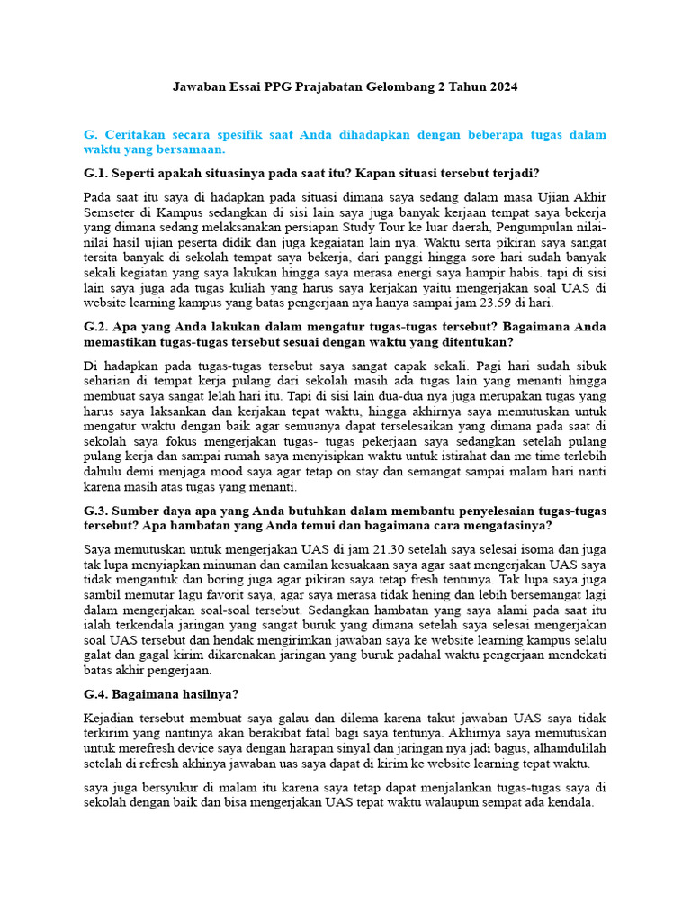 Jawaban Essai PPG Prajabatan Gelombang 2 Tahun 2024 | PDF | Karier & Perkembangan