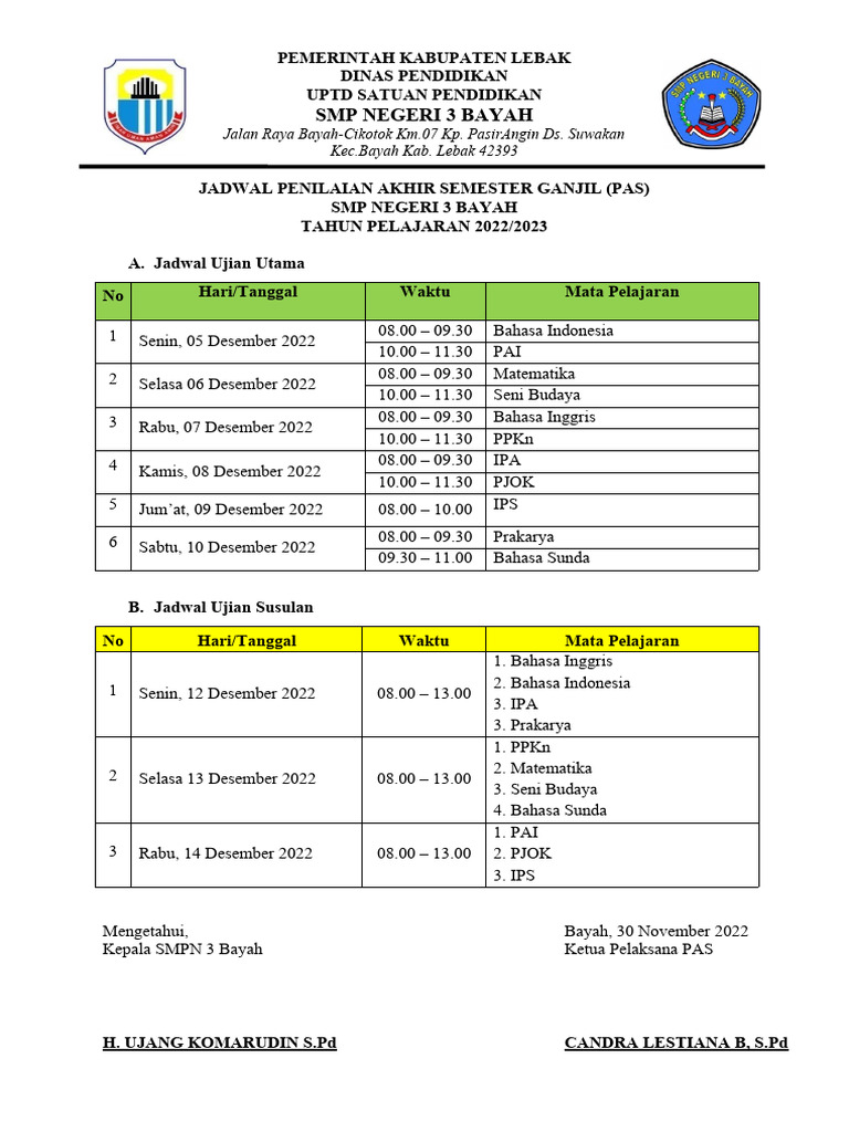Jadwal Pelaksanaan PAS 2022 | PDF
