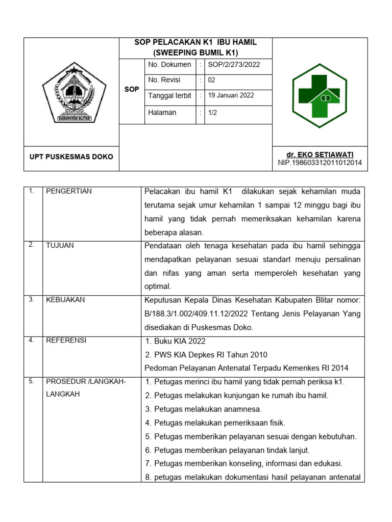 Sop Pelacakan K1 Ibu Hamil (Sweeping Bumil K1) 1 | PDF