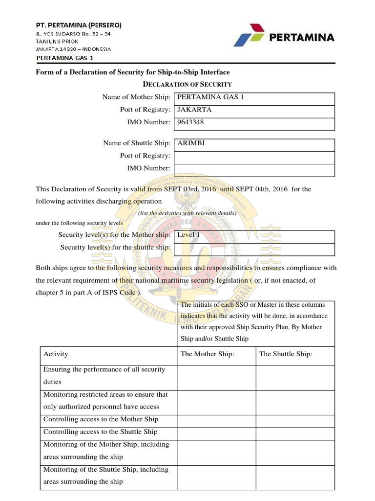 Declaration of Security Pertamina Field | PDF | Water Transport | Shipping