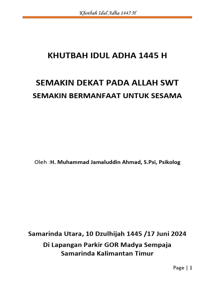 Khutbah Idul Adha1445 H P Jamal | PDF