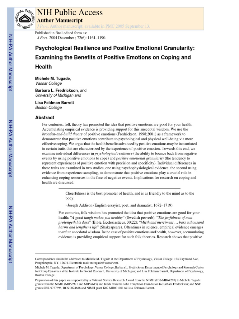TUGADE_FREDRIKSON_positive emotions coping and immunity | PDF | Psychological Resilience | Emotions