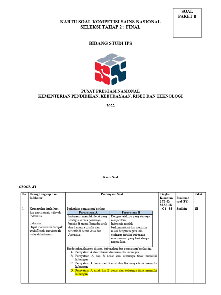 Kartu Soal - Ips-Final - Paket B 2022 - 14032022 Total | PDF