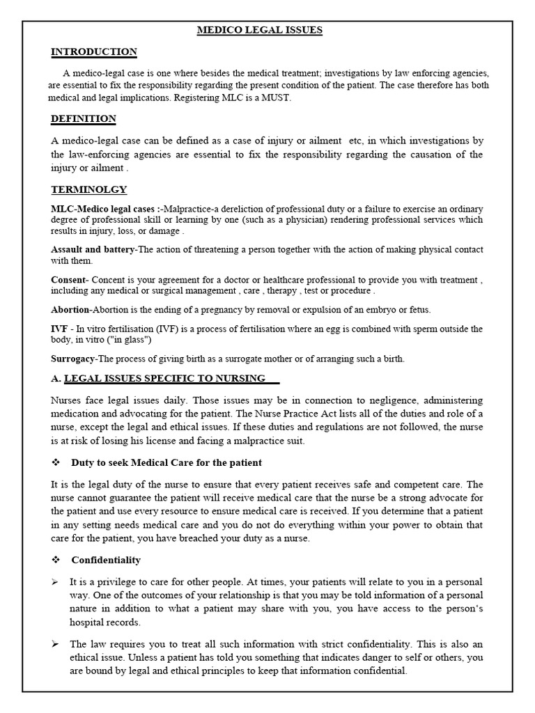 Medico Legal Issues Content | PDF | Nursing | Informed Consent