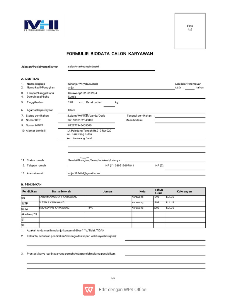 Formulir Biodata Calon Karyawan Mhi 001 | PDF