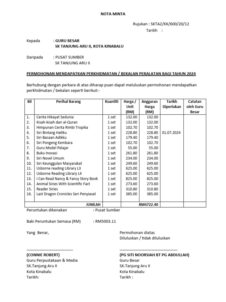 Nota Minta Pembelian Buku 2024 | PDF