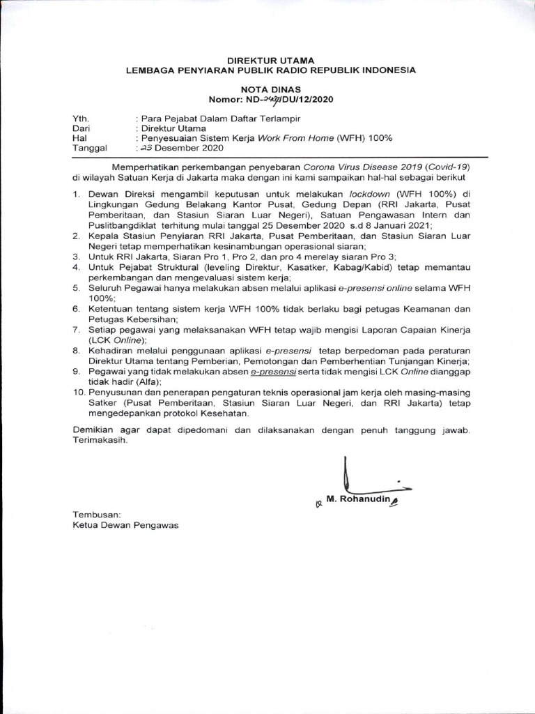 2020 2487 Nota Dinas Penyesuaian Jam Kerja WFH 100 | PDF