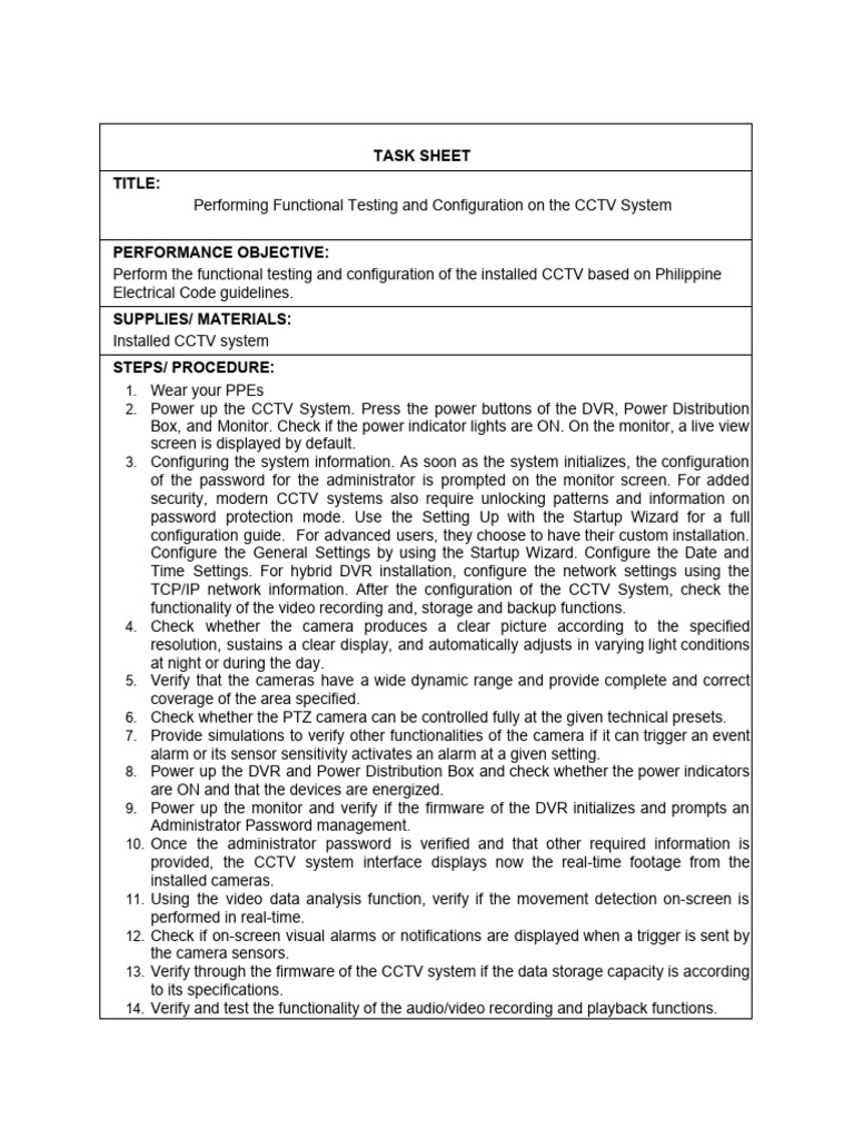 Task Sheet - Testing The CCTV System | PDF | Closed Circuit Television ...