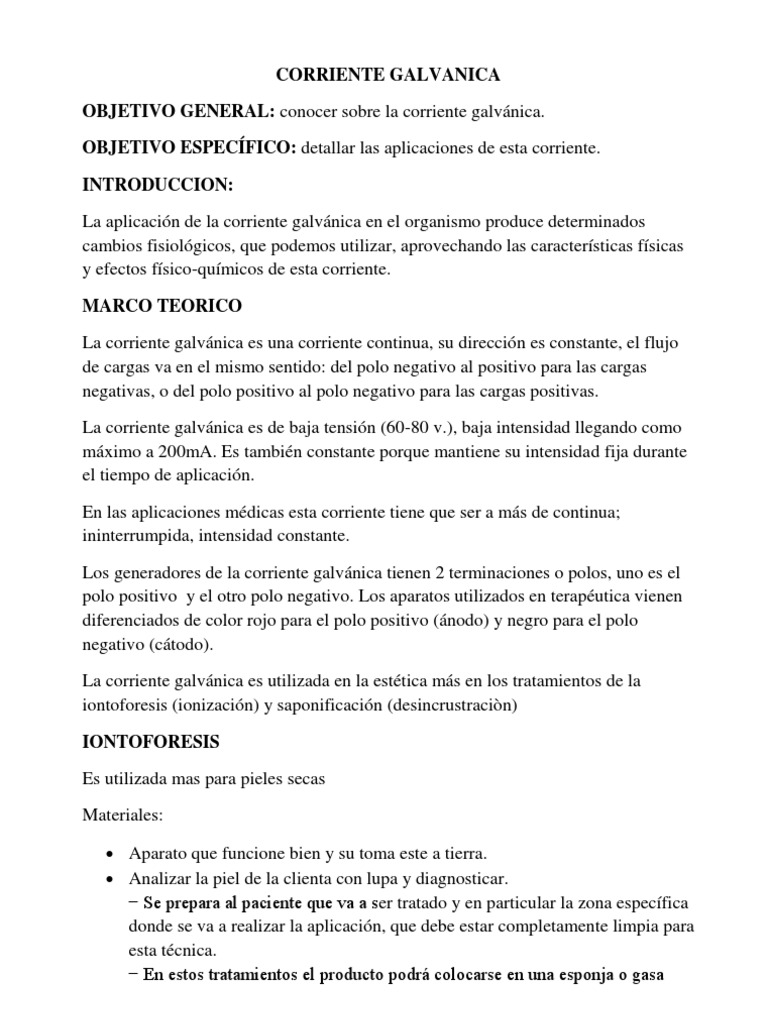 Aplicaciones de la Corriente Galvánica | PDF | Jabón | Corriente eléctrica