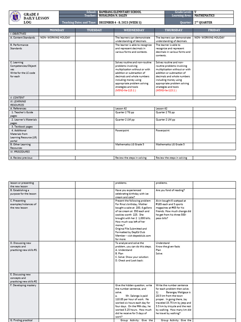 DLL - Mathematics 5 - Q2 - W5 | PDF | Learning | Cognition