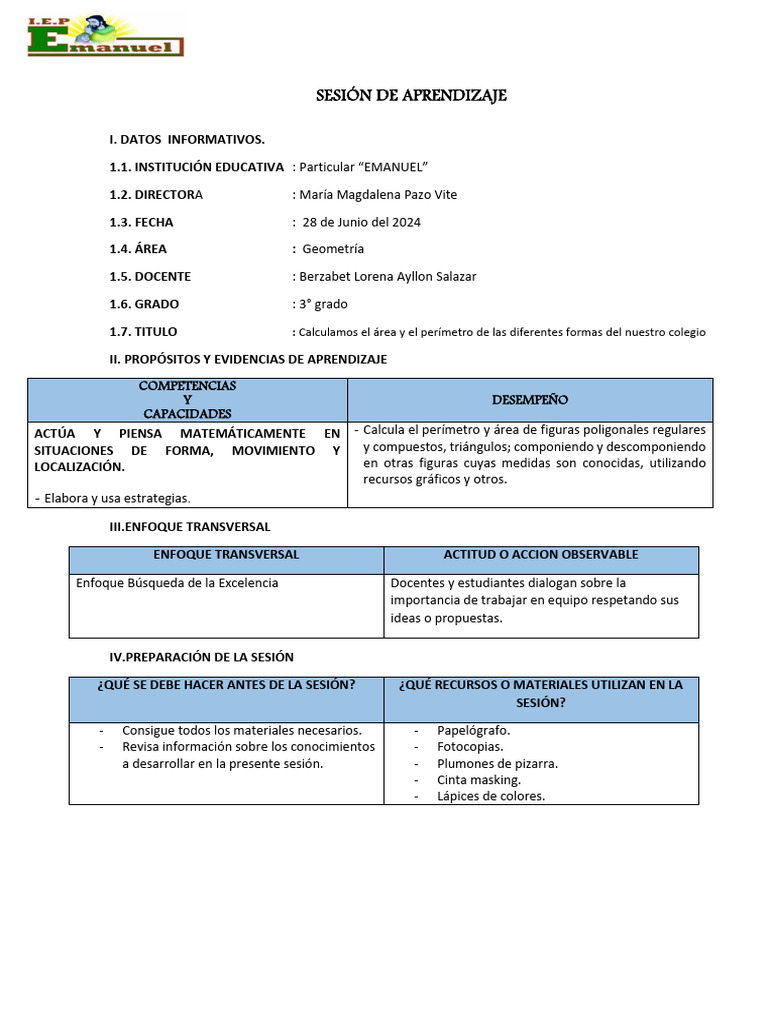 SESIÓN DE APRENDIZAJE - GEOMETRIA (area y perimetro) | PDF | Aprendizaje SESIÓN DE APRENDIZAJE - GEOMETRIA (area y perimetro) | PDF | Aprendizaje
