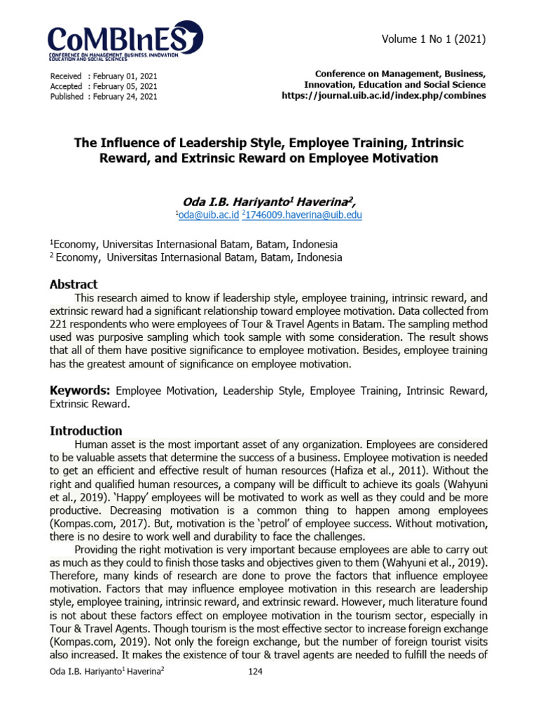 The Influence of Leadership Style, Employee Training, Intrinsic Reward ...