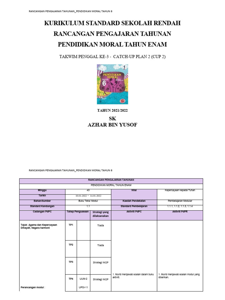 Catch UP Plan RPT Tahun 6 Pendidikan Moral_AZHAR | PDF