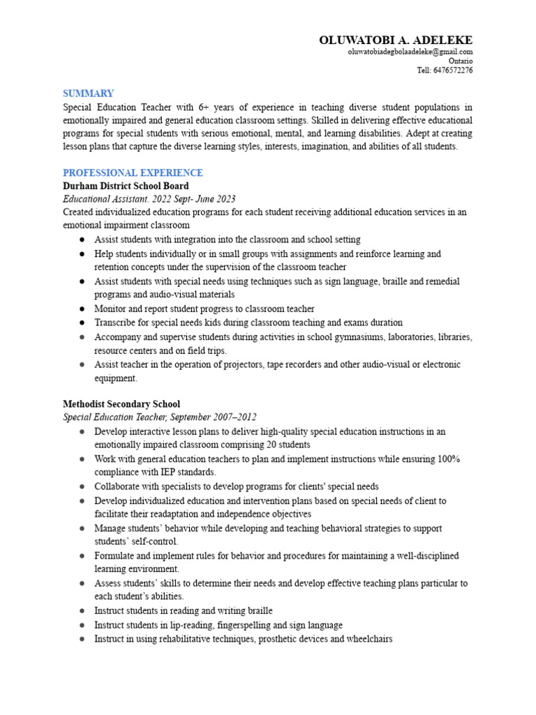 Tobi Adeleke_EA Resume | PDF | Special Education | Teachers
