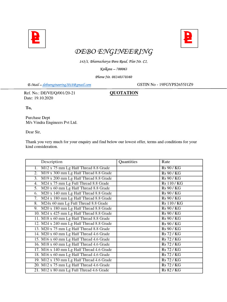 Quotation for Fasteners from Debo Engineering | PDF
