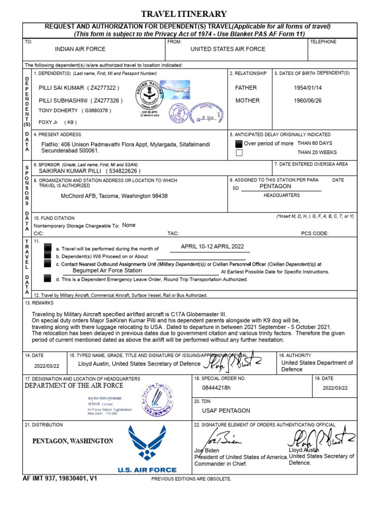 Forhtml - Af Imt Form 937 Request and Authorization Dependent S Travel ...