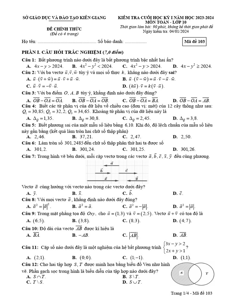 De Kiem Tra Cuoi Hoc Ky 1 Toan 10 Nam 2023 2024 So GDDT Kien Giang Trang | PDF