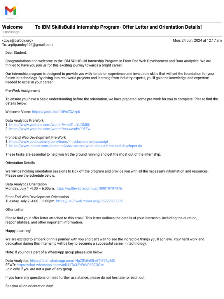 GIBM SkillsBuild Internship Offer Letter and Orientation Details! | PDF ...