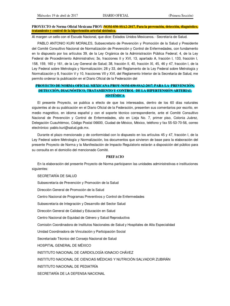 NOM-030-SSA2-2017 Para La Prevención, Detección, Diagnóstico, Tratamiento y Control de La ...