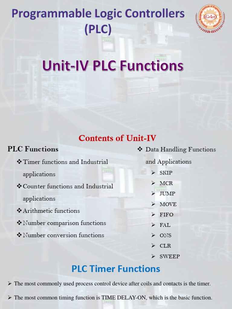 PLC Unit-IV PLC Functions | PDF | Timer | Programmable Logic Controller