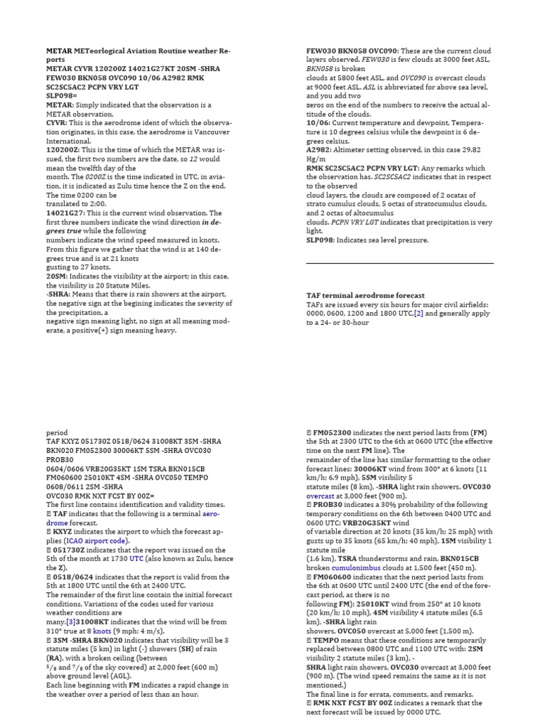 METAR METeorlogical Aviation Routine Weather Reports | PDF | Cloud | Sky