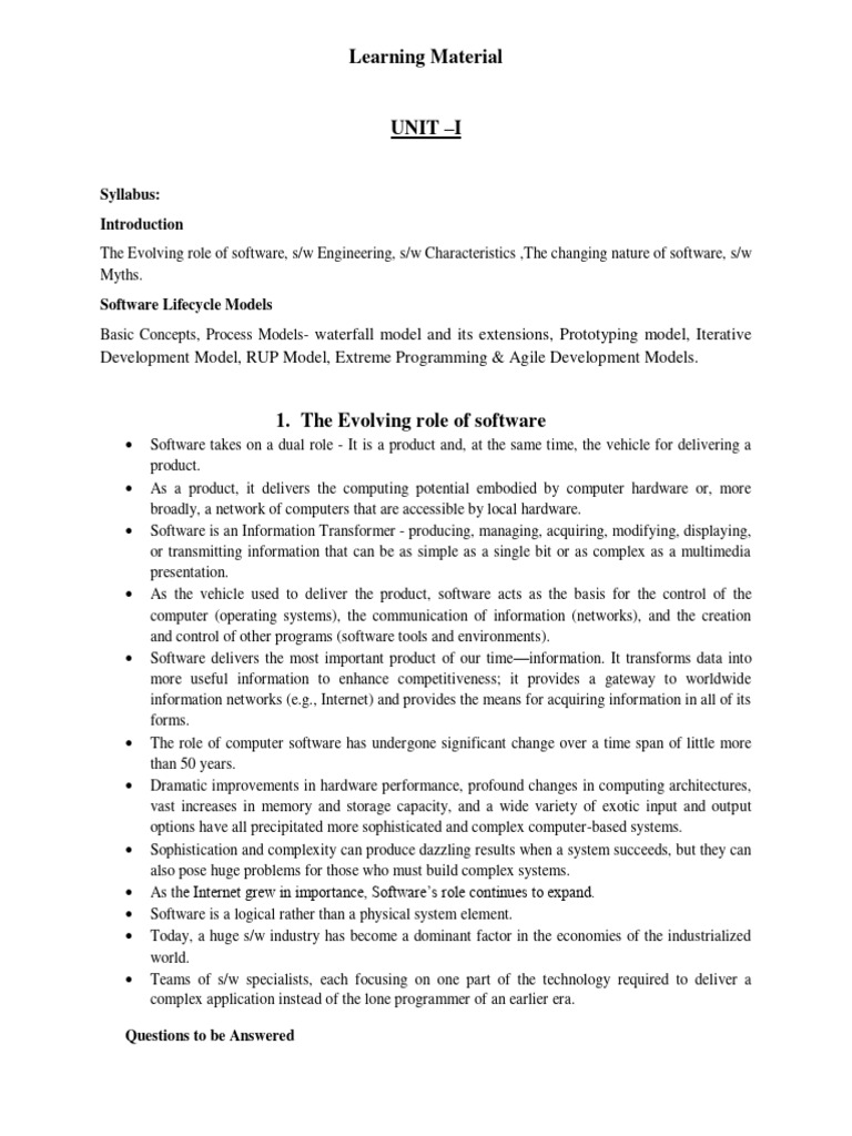 SE UNIT -I Learning Material | PDF | Software Development Process | Agile Software Development
