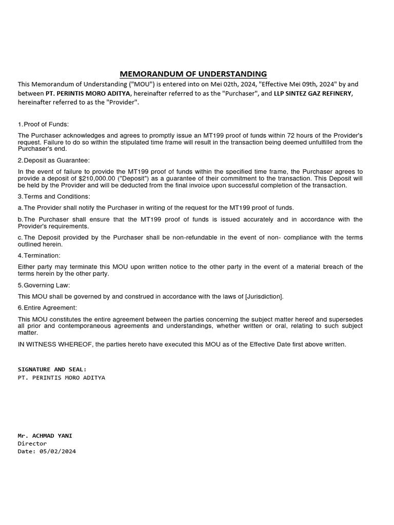 Memorandum of Understanding - Pt. Perintis Moro Aditya | PDF