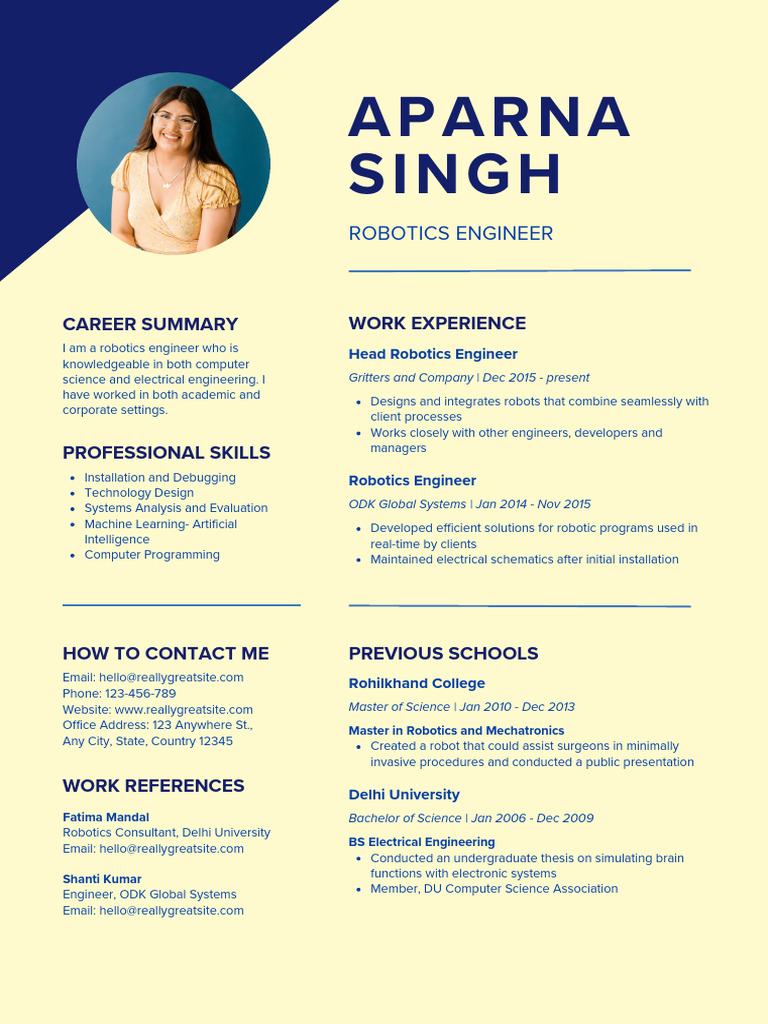 Robotics Engineer Resume in Light Yellow Dark Blue Corporate Geometric ...