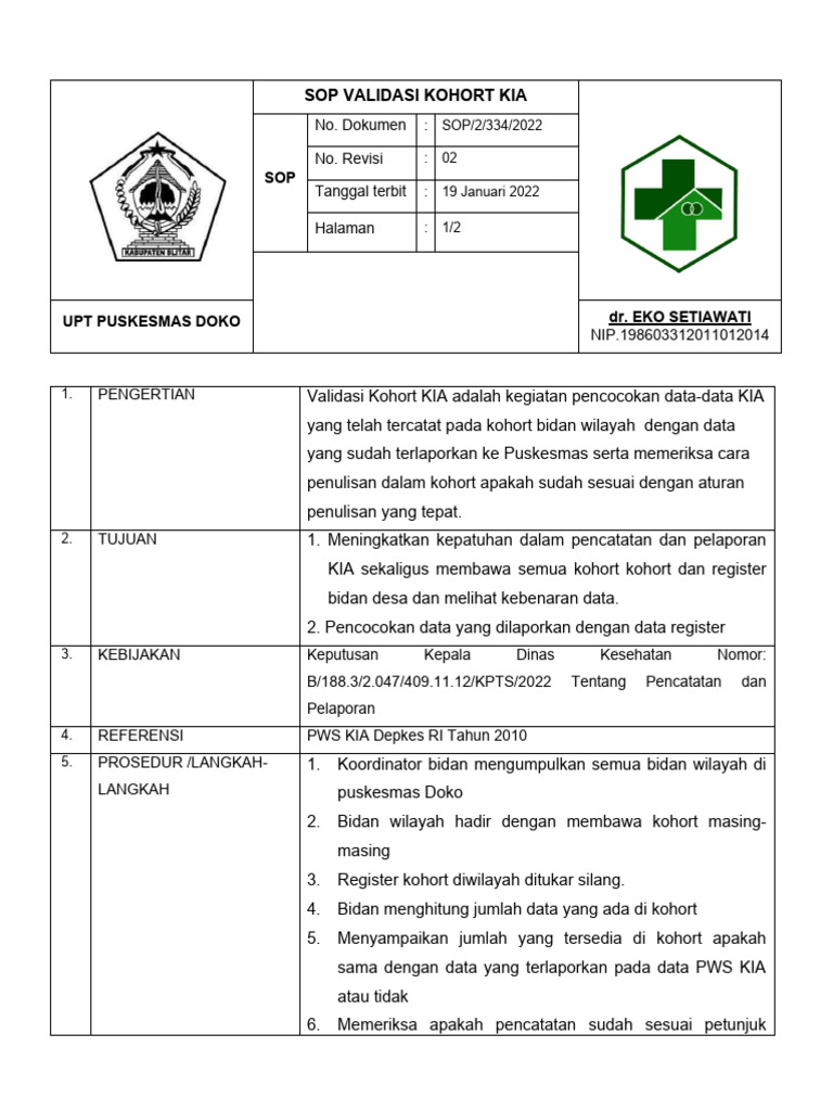 SOP VALIDASI KOHORT KIA 1 | PDF