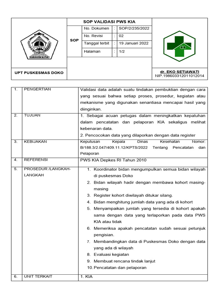 SOP Validasi Data PWS KIA Puskesmas | PDF | Pengelolaan Keuangan & Uang ...