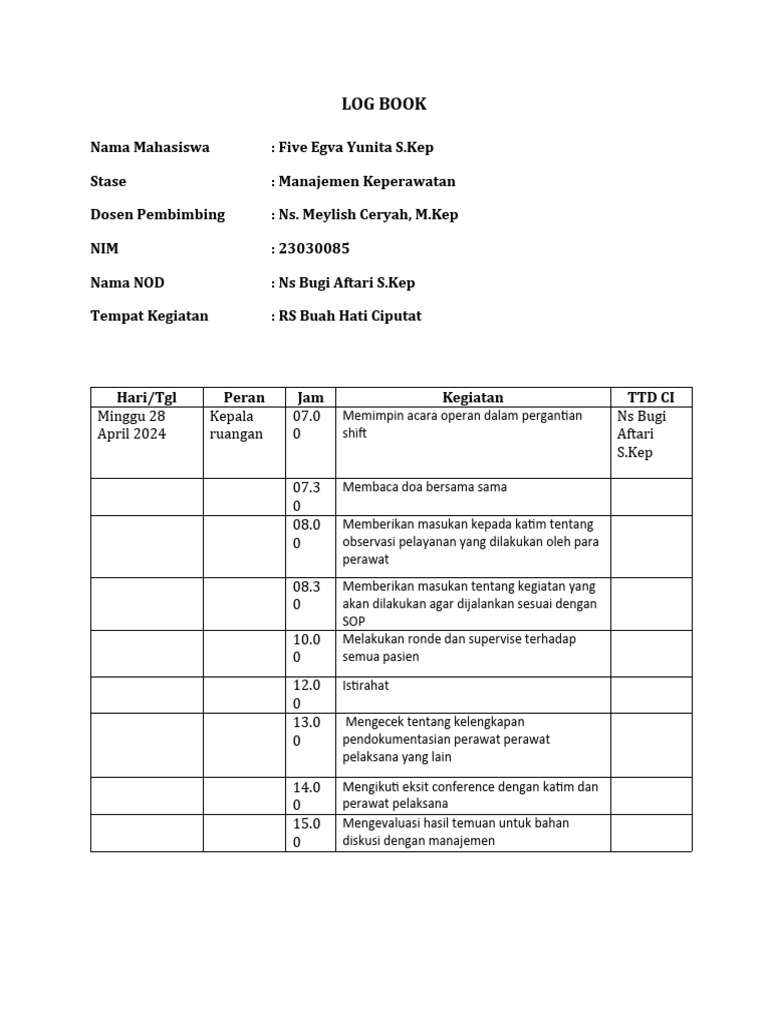 Logbook Kepala Ruangan | PDF