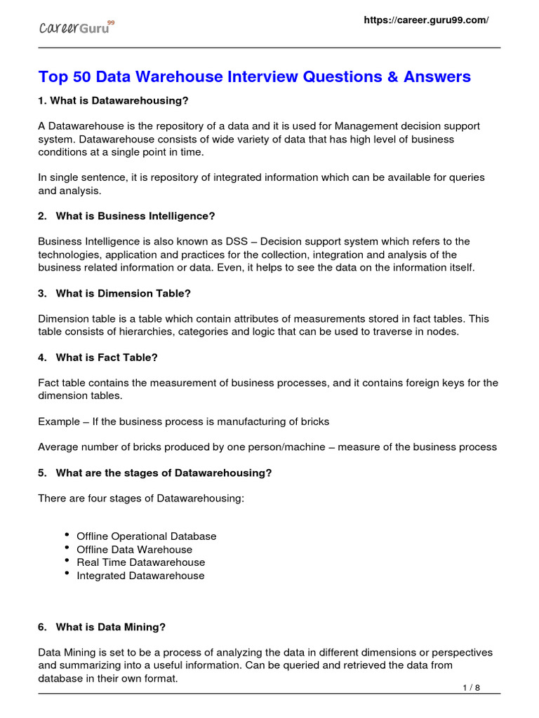 Top 50 Data Warehousing Interview Questions & Answers | PDF | Data ...