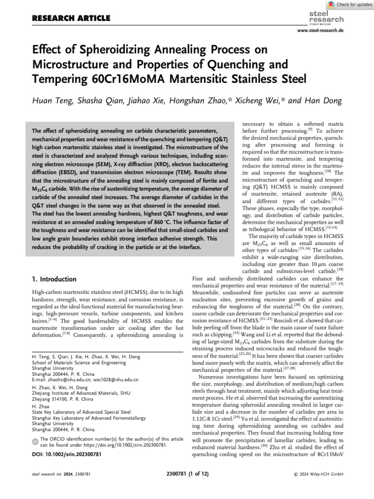 Effect of Spheroidizing Annealing Process On Microstructure and Properties of Quenching and ...