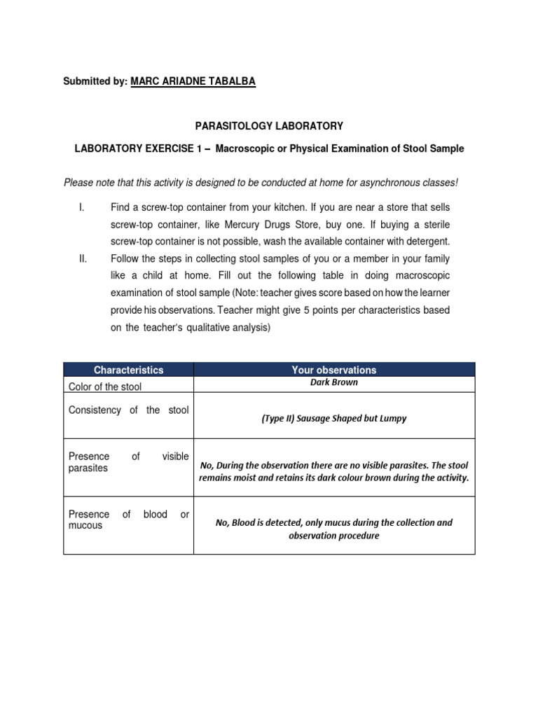 Parasitology Laboratory Activity 1 | PDF | Human Feces | Constipation
