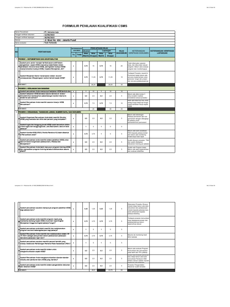 Formulir Penilaian Kualifikasi Csms | PDF