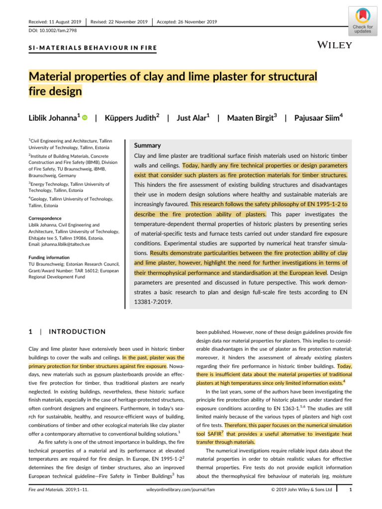 Material Properties of Clay and Lime Plaster For FIRE Resistance | PDF | Plaster | Heat Transfer