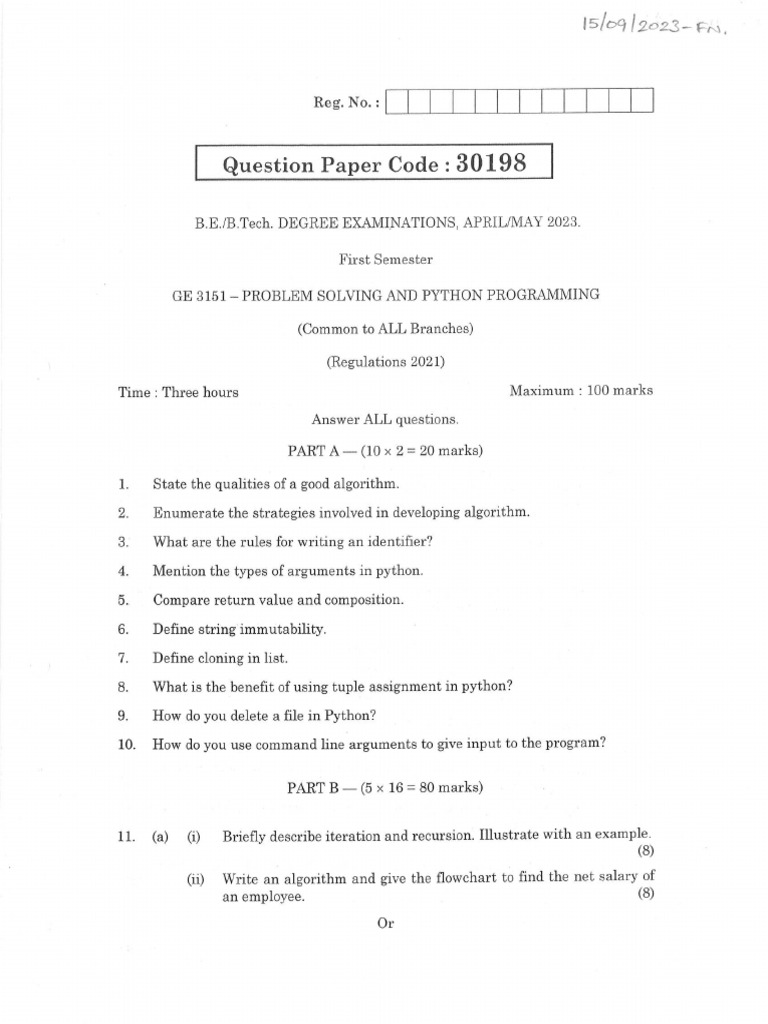 GE3151 - Problem Solving and Python Programming - R2021 - 2023 April | PDF