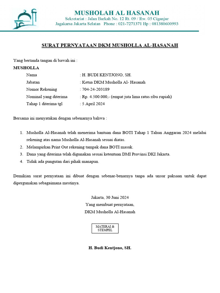Surat Pernyataan DKM Musholla Al | PDF