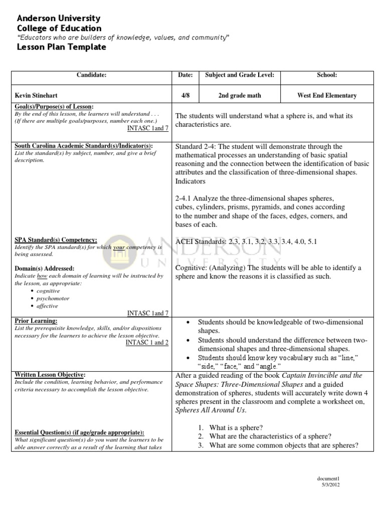 Spheres Lesson Plan | PDF | Shape | Educational Assessment