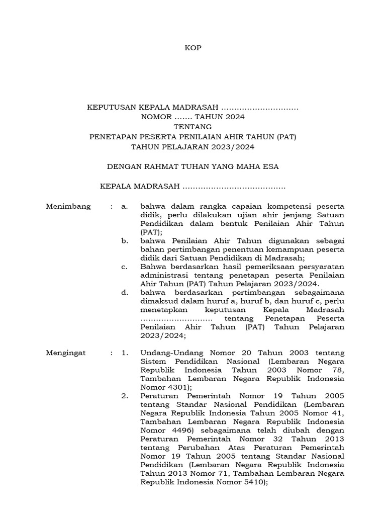 SK Peserta PAT Tahun 2024 | PDF