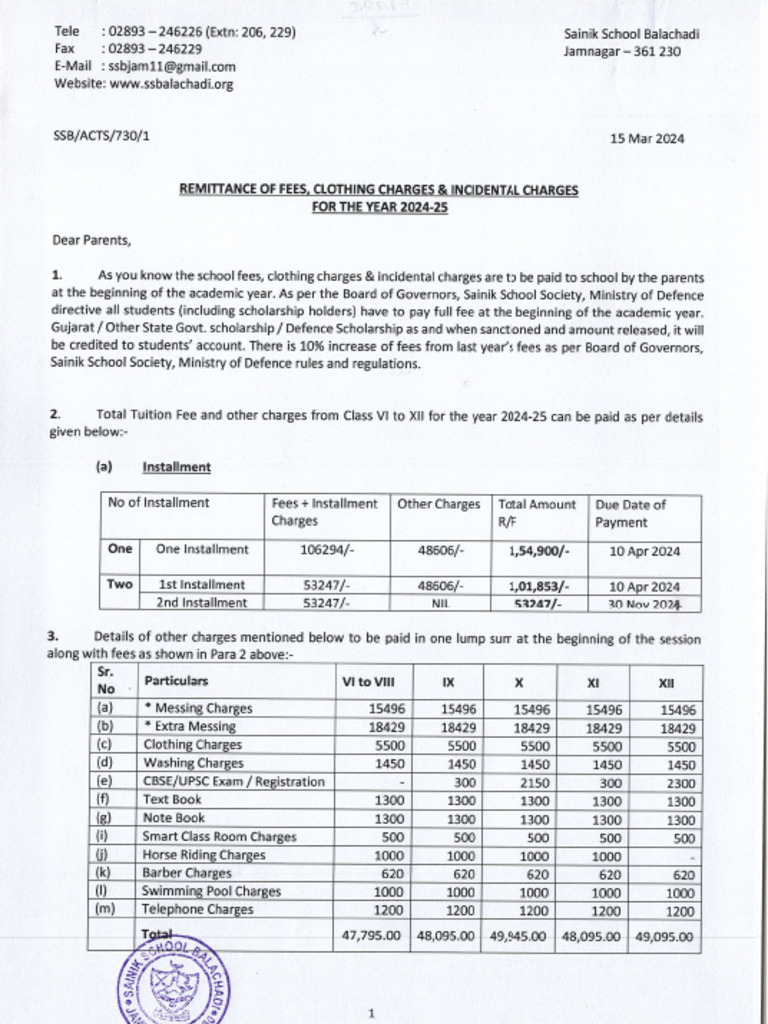 Fees Circular 2024-25 (English Version) | PDF